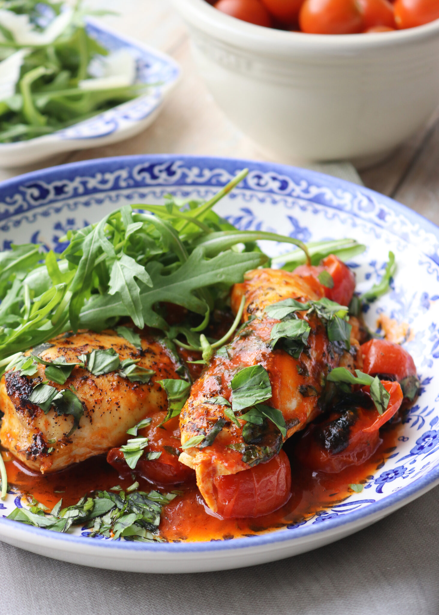 Roasted chicken with fresh Cherry tomatoes and basil - Humphrey Munson